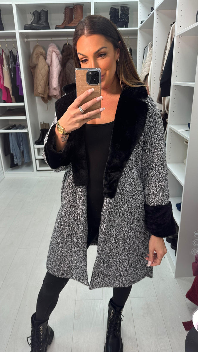 Pamy Boucle Faux Fur Detail Belted Coat – BowsBoutiques