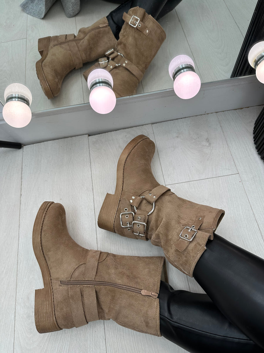 Lexie Faux Suede Buckle Boots – BowsBoutiques