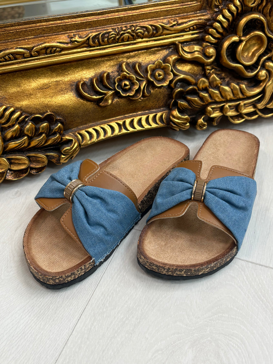 Emma Denim Bow Detailed Cork Platform Sliders – BowsBoutiques