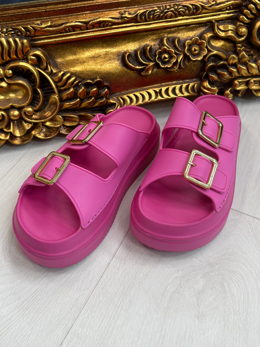 Sienna Plain Double Buckle Platform Sliders – BowsBoutiques
