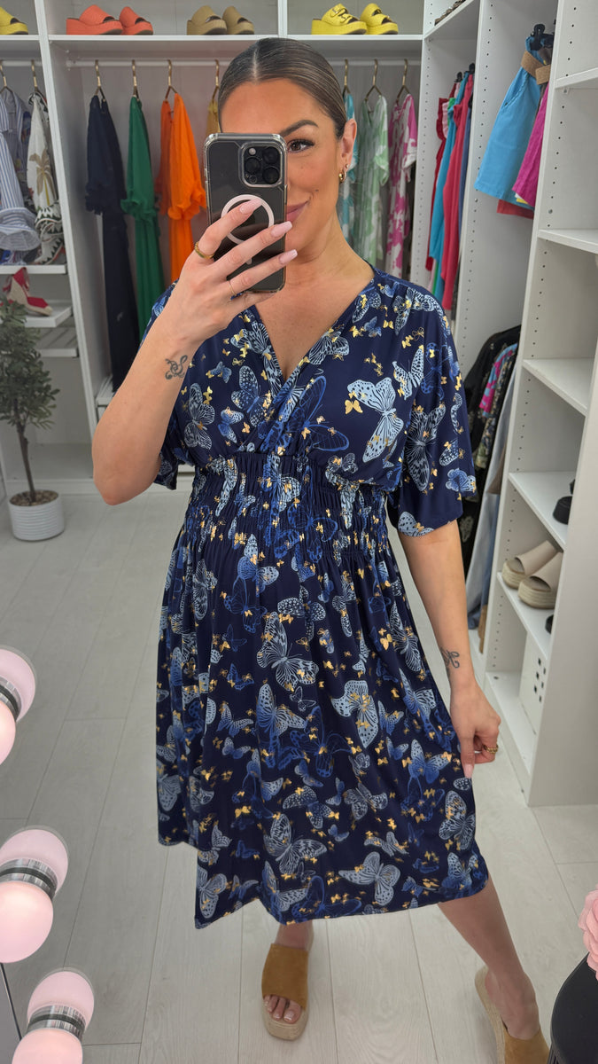 Aliana Butterfly Print Shirred Waist Midi Dress – BowsBoutiques