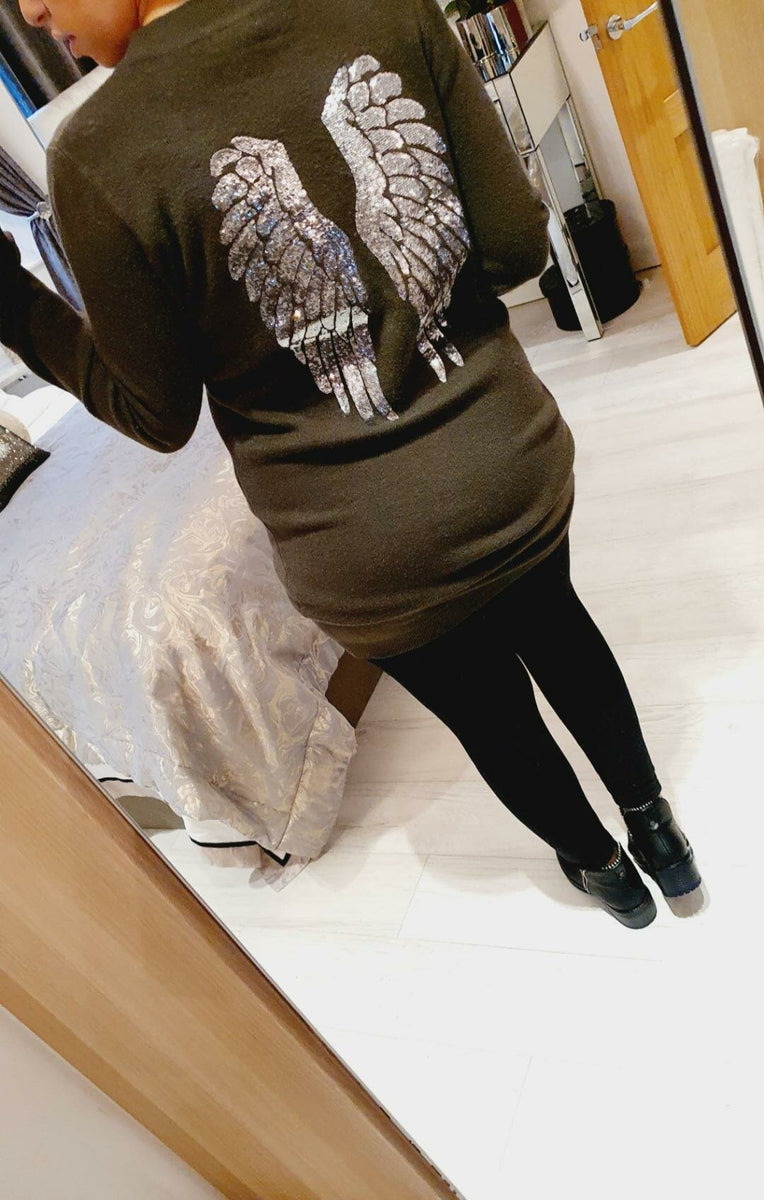 Sylvie Sequin Angel Wing Back Detail Fitted Knit Jumper Dress ...